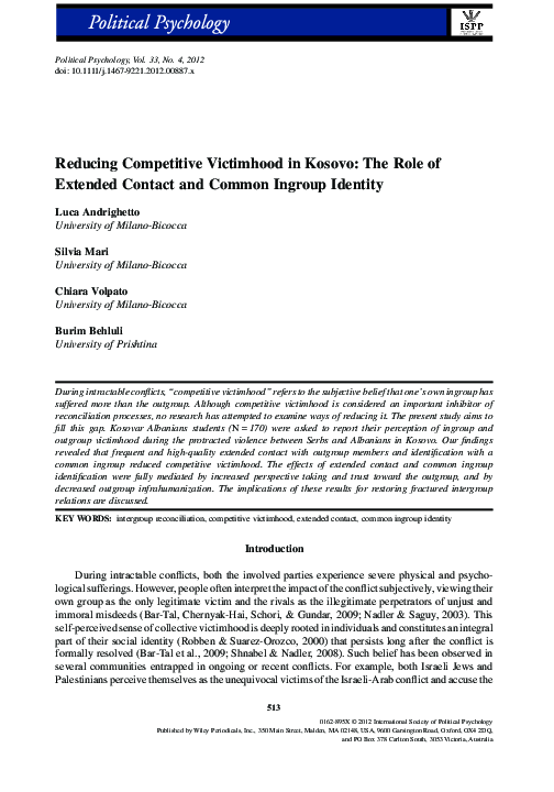 (PDF) Reducing Competitive Victimhood in Kosovo: The Role of Extended ...