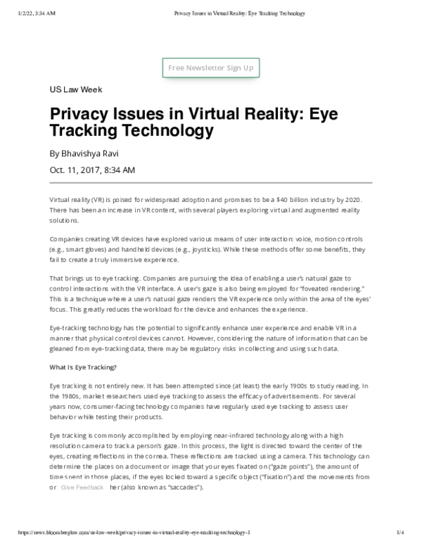 (PDF) Privacy Issues in Virtual Reality: Eye Tracking Technology