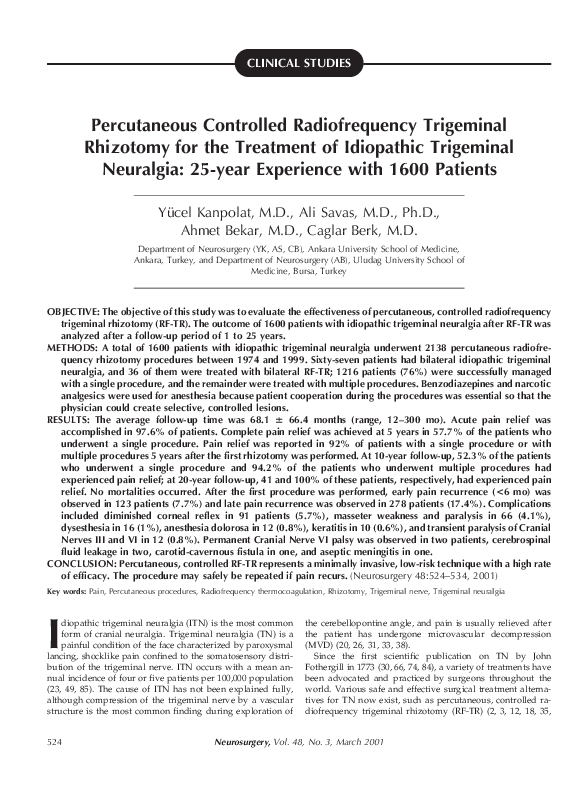 (PDF) Percutaneous controlled radiofrequency trigeminal rhizotomy for ...