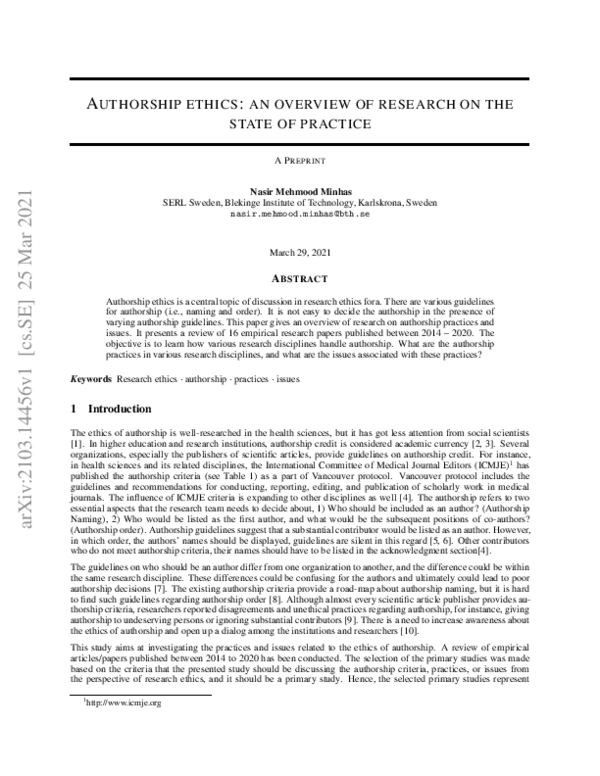 (PDF) Authorship ethics: an overview of research on the state of practice
