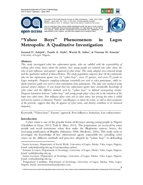 (PDF) “Yahoo boys” phenomenon in Lagos metropolis: A qualitative investigation