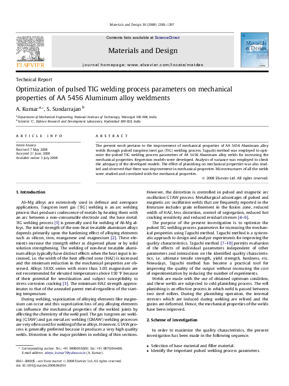 (PDF) Optimization of pulsed TIG welding process parameters on mechanical properties of AA 5456 ...