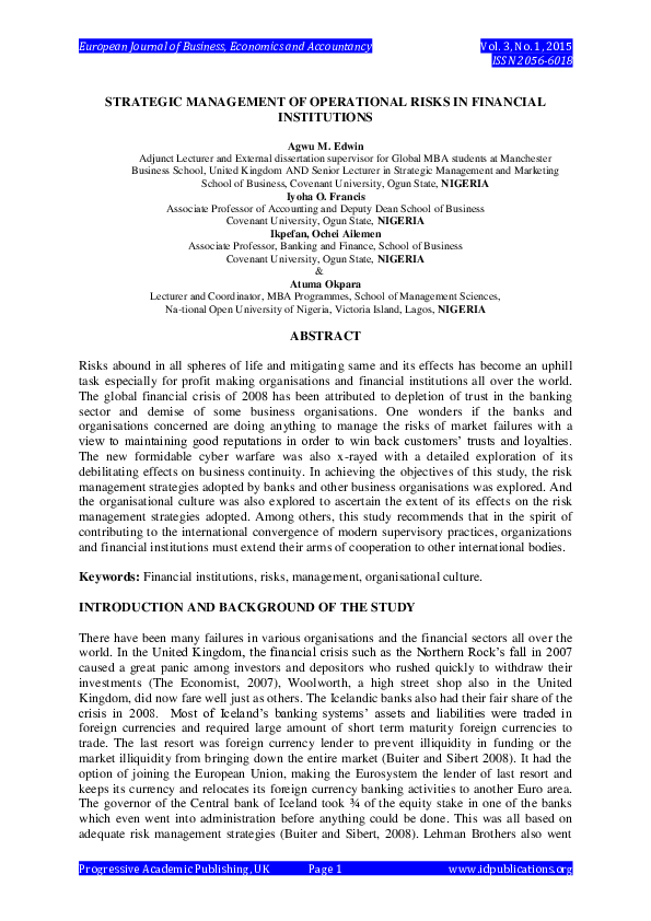 (PDF) Strategic Management of Operational Risks in Financial Institutions