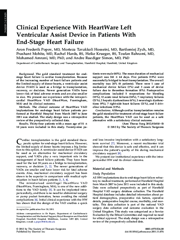 (PDF) Clinical Experience With HeartWare Left Ventricular Assist Device in Patients With End ...