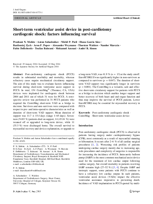 (PDF) Short-term ventricular assist device in post-cardiotomy ...