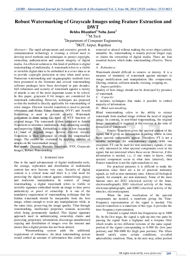 (PDF) Robust Watermarking of Grayscale Images using Feature Extraction and DWT