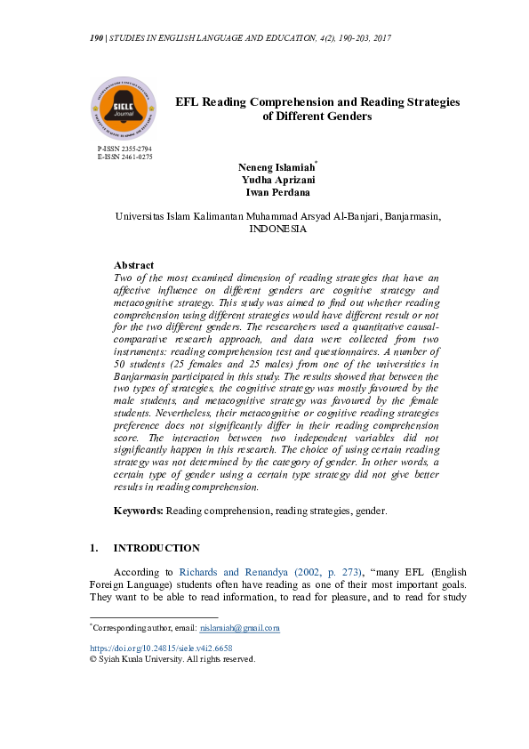 Pdf Efl Reading Comprehension And Reading Strategies Of Different Genders