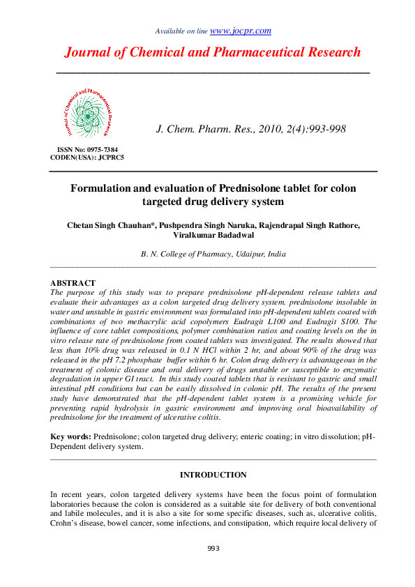 Pdf Formulation And Evaluation Of Prednisolone Tablet F Or Colon Targeted Drug Delivery System
