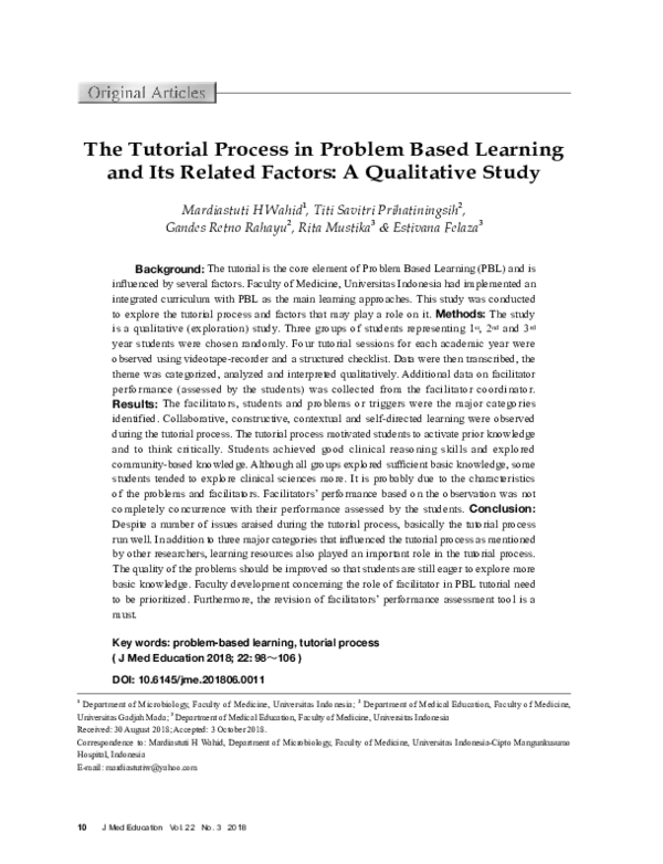 (PDF) The Tutorial Process in Problem Based Learning and Its Related ...