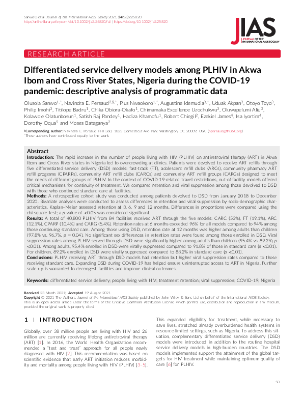(PDF) Differentiated service delivery models among PLHIV in Akwa Ibom ...