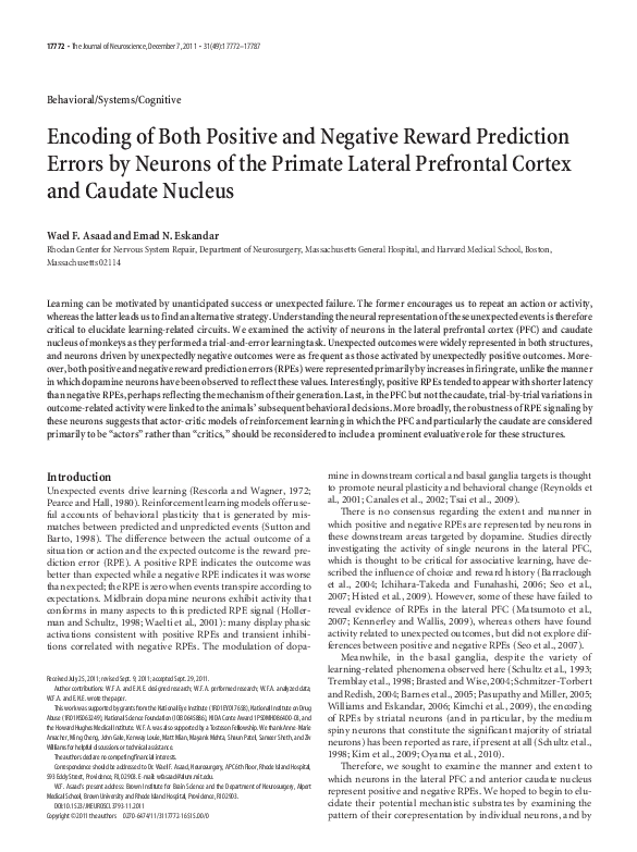 (PDF) Neural Encoding of Reward Prediction Errors in Monkeys