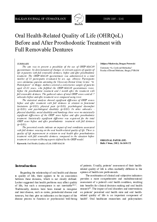(PDF) Oral Health-Related Quality of Life ( OHRQoL ) Before and After ...