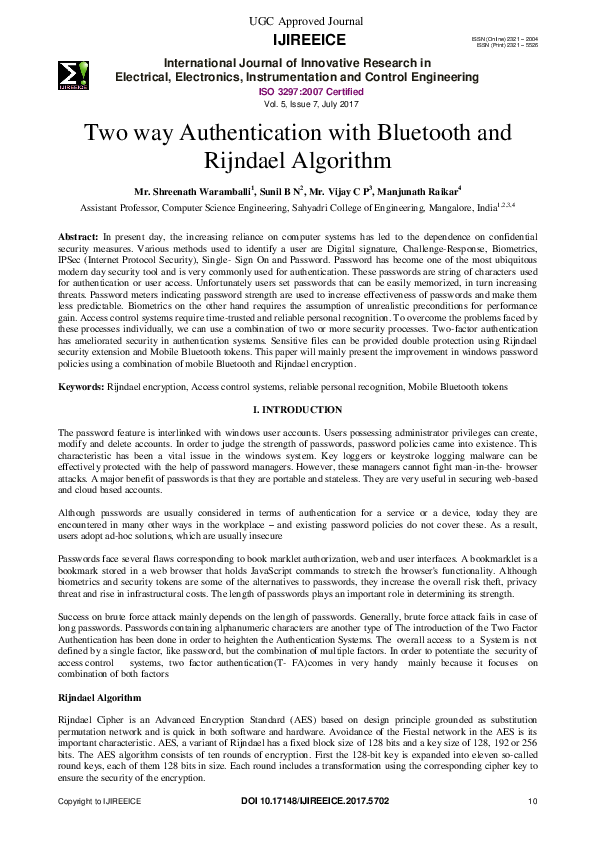 (PDF) Two way Authentication with Bluetooth and Rijndael Algorithm