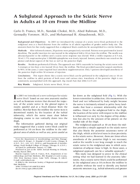 (PDF) A Subgluteal Approach to the Sciatic Nerve in Adults at 10 cm ...