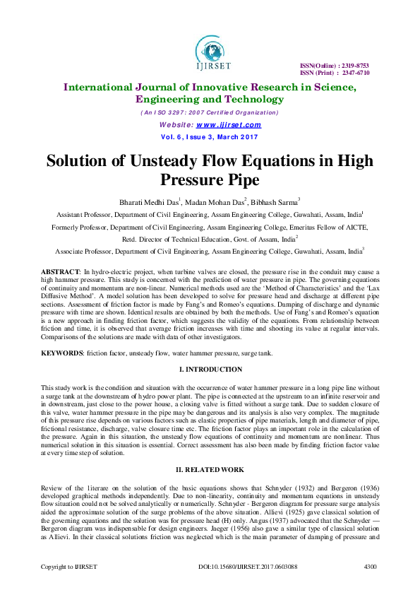 (PDF) Solution of Unsteady Flow Equations in High Pressure Pipe