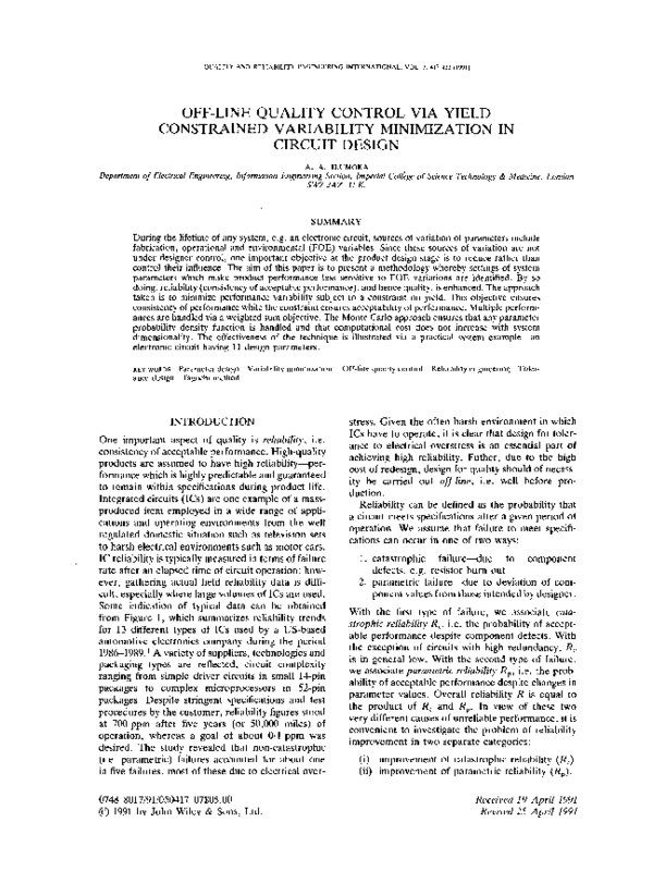 Pdf Off Line Quality Control Via Yield Constrained Variability