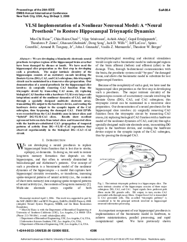 Pdf Vlsi Implementation Of A Nonlinear Neuronal Model A Neural Prosthesis To Restore