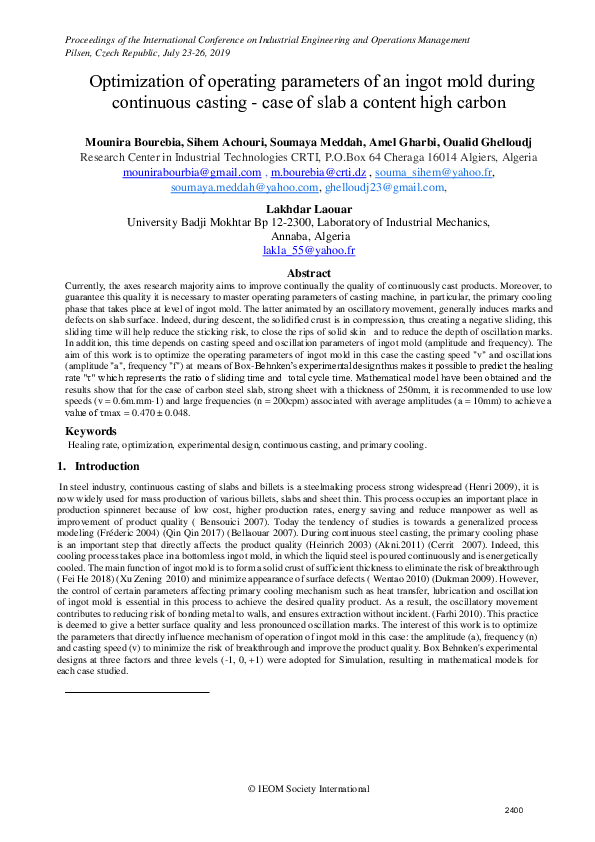 (PDF) Optimization of operating parameters of an ingot mold during continuous casting - case of ...