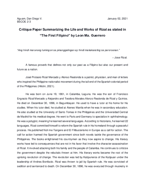 (PDF) Aguam Critique Paper The First Filipino