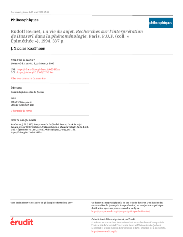 (PDF) Rudolf Bernet, La vie du sujet. Recherches sur l 'interprétation ...