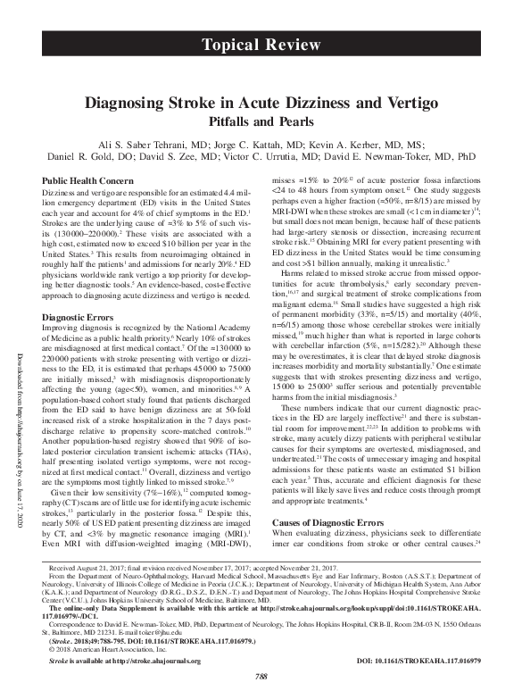 (PDF) Diagnosing Stroke in Acute Dizziness and Vertigo: Pitfalls and Pearls
