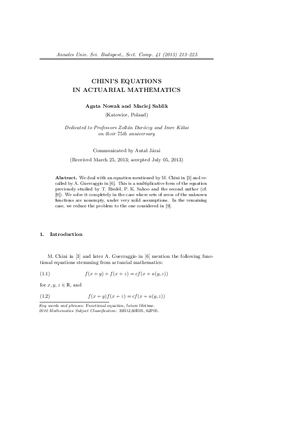 (PDF) Chini’s Equations in Actuarial Mathematics