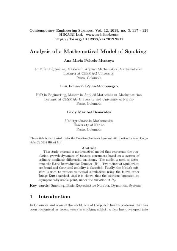 (PDF) Analysis of a mathematical model of smoking