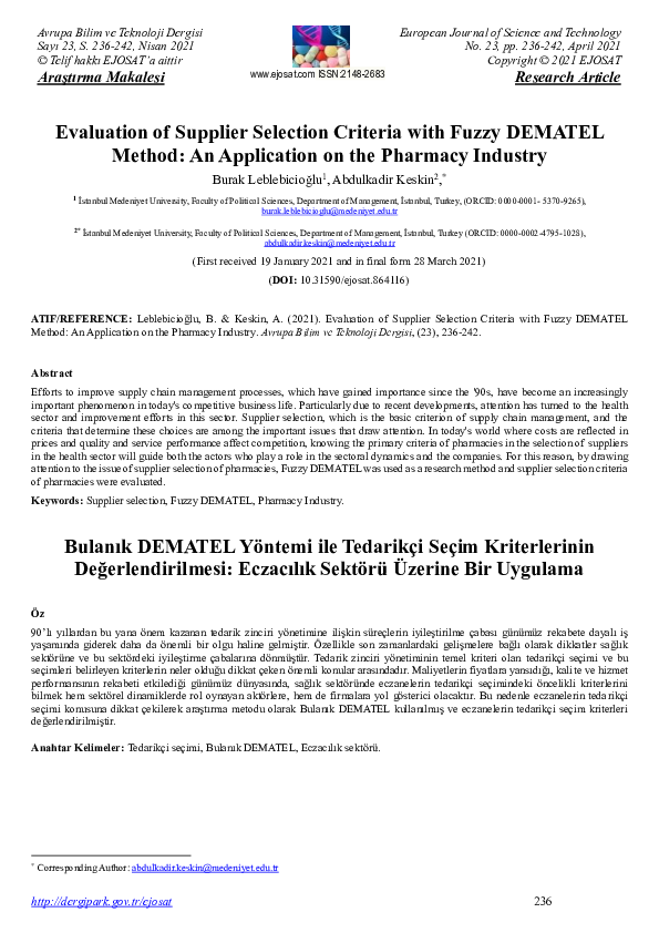 Pdf Evaluation Of Supplier Selection Criteria With Fuzzy Dematel Method An Application On The