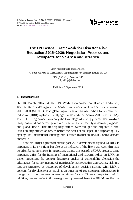 (PDF) The UN Sendai Framework for Disaster Risk Reduction 2015–2030 ...