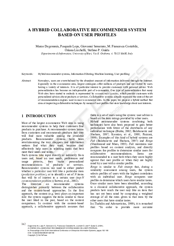 Pdf A Hybrid Collaborative Recommender System Based On User Profiles