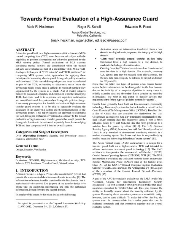 (PDF) Towards Formal Evaluation of a High-Assurance Guard