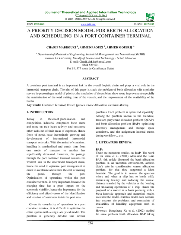 (PDF) A Priority Decision Model for Berth Allocation and Scheduling in a Port Container Terminal