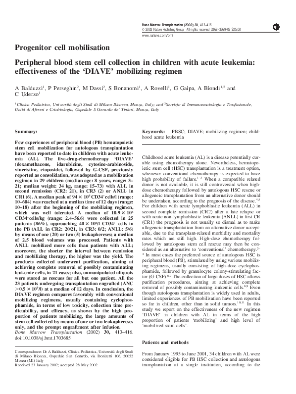 (PDF) Peripheral blood stem cell collection in children with acute ...