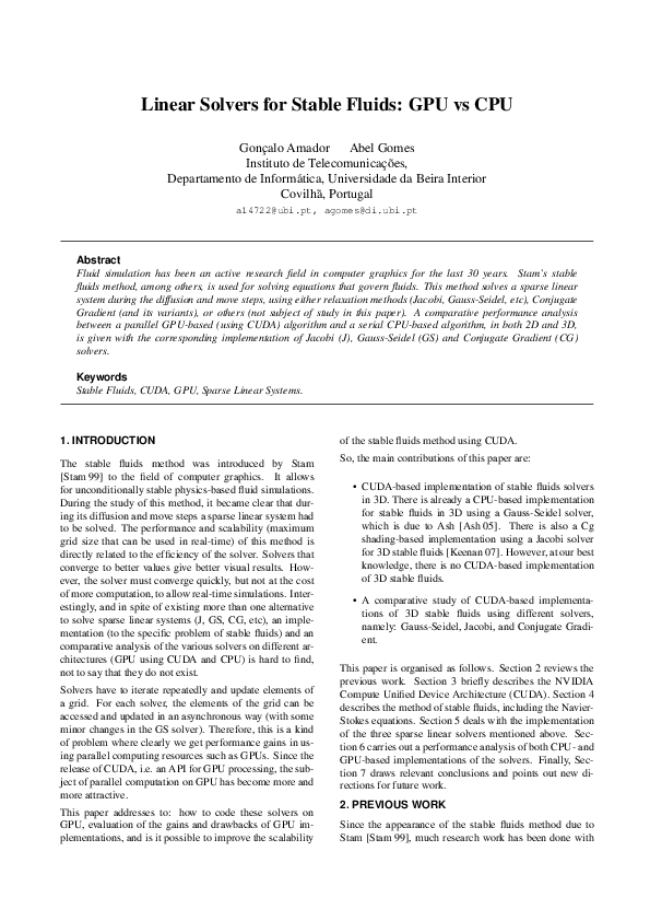 (PDF) Linear Solvers for Stable Fluids: GPU vs CPU