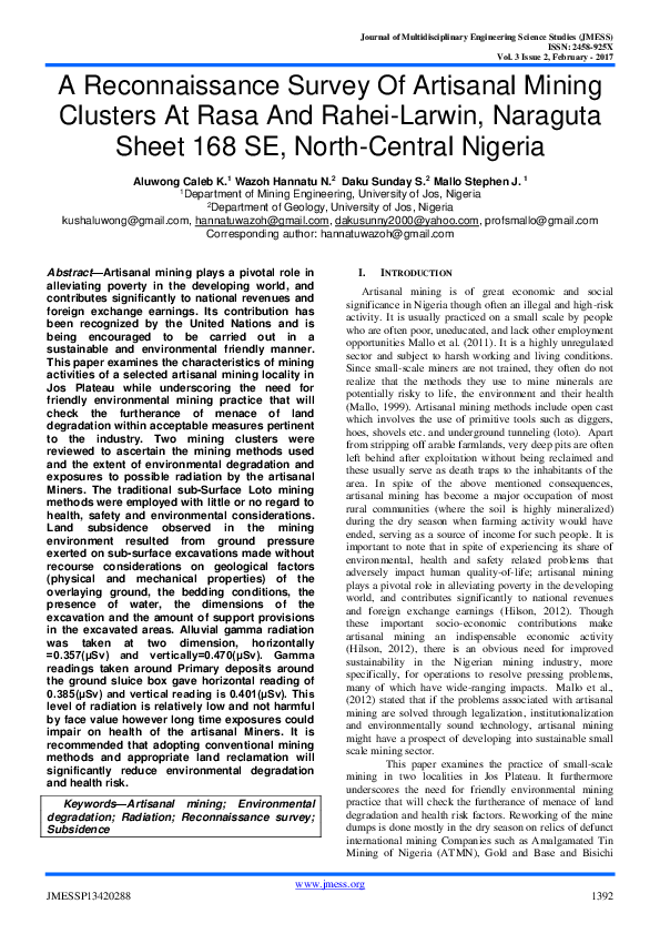 (PDF) A Reconnaissance Survey Of Artisanal Mining Clusters At Rasa And ...