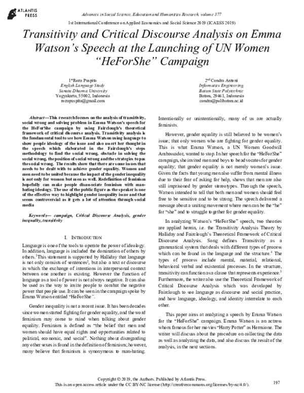 (PDF) Transitivity and Critical Discourse Analysis on Emma Watson's ...