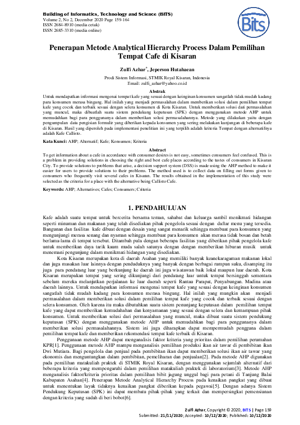 (PDF) Penerapan Metode Analytical Hierarchy Process Dalam Pemilihan ...