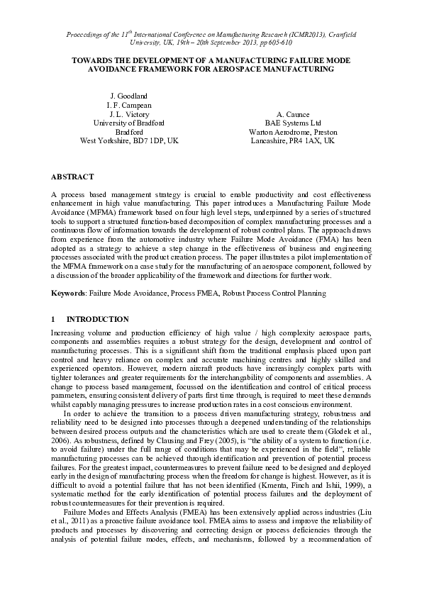 (PDF) A Manufacturing Failure Mode Avoidance Framework for Aerospace ...