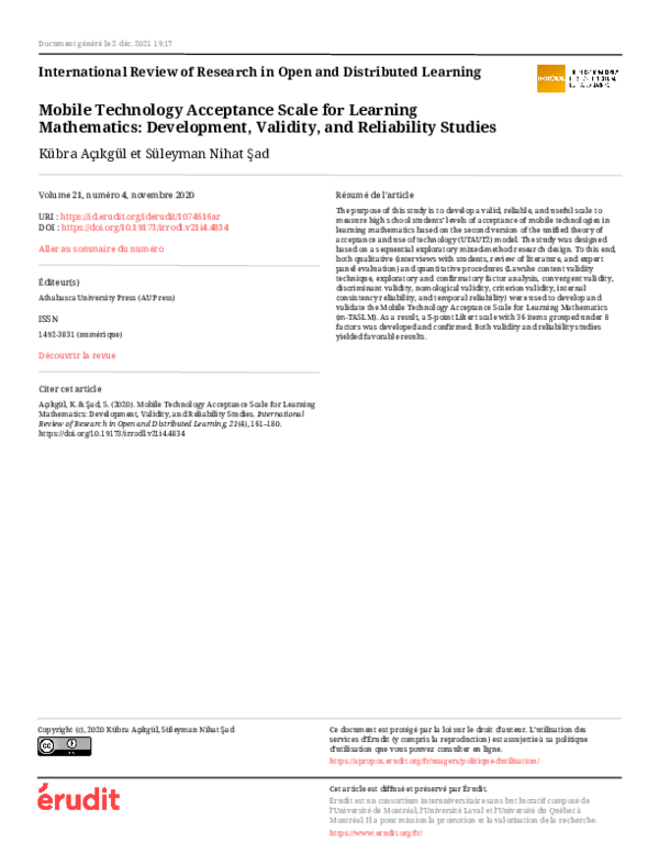 (PDF) Mobile Technology Acceptance Scale for Learning Mathematics: Development, Validity, and ...