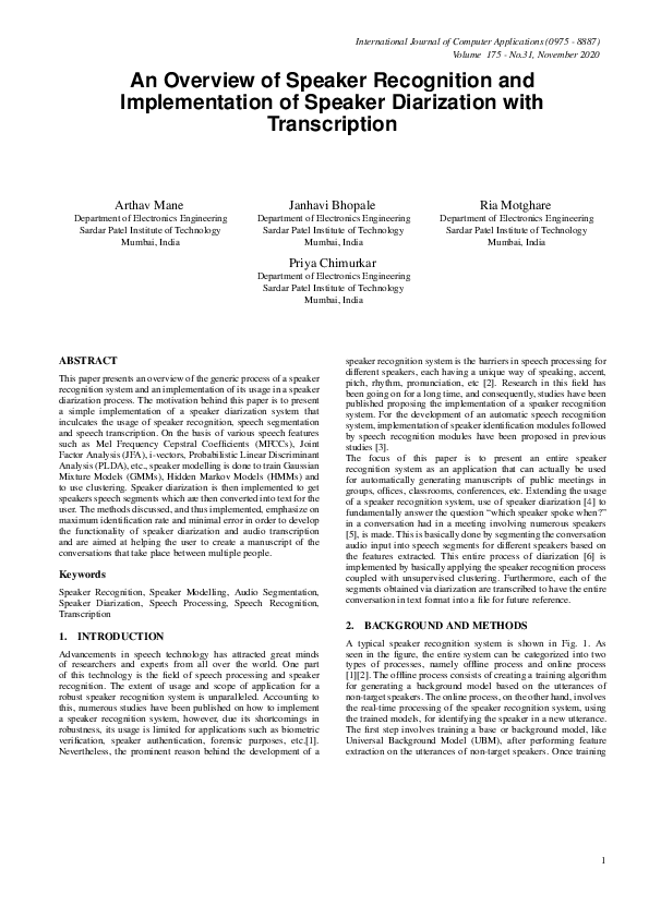 Pdf An Overview Of Speaker Recognition And Implementation Of Speaker Diarization With