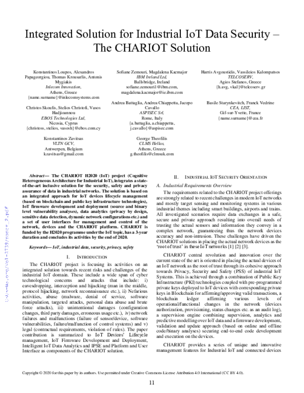 (PDF) Integrated Solution for Industrial IoT Data Security - the CHARIOT Solution