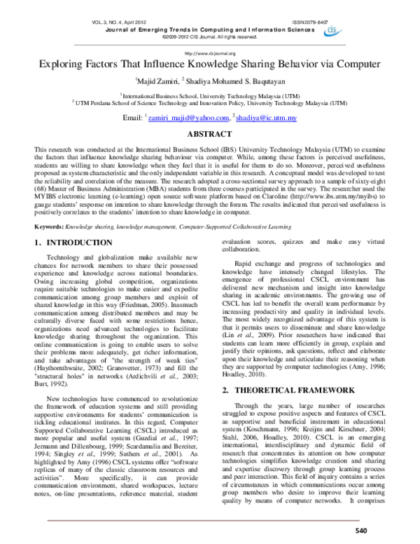 (PDF) Exploring Factors That Influence Knowledge Sharing Behavior via Computer