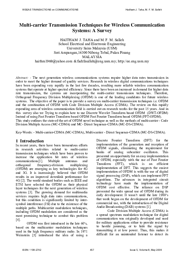 Pdf Multi Carrier Transmission Techniques For Wireless Communication Systems A Survey