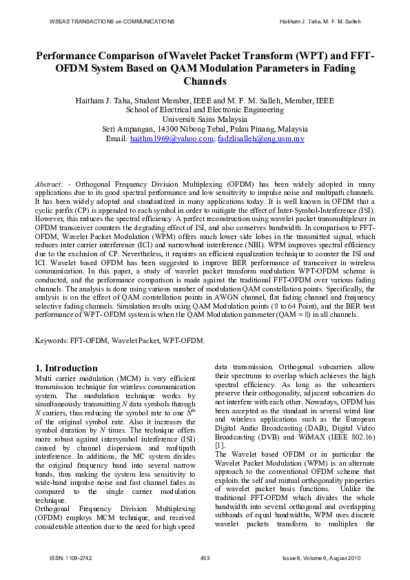 Pdf Performance Comparison Of Wavelet Packet Transform Wpt And Fft