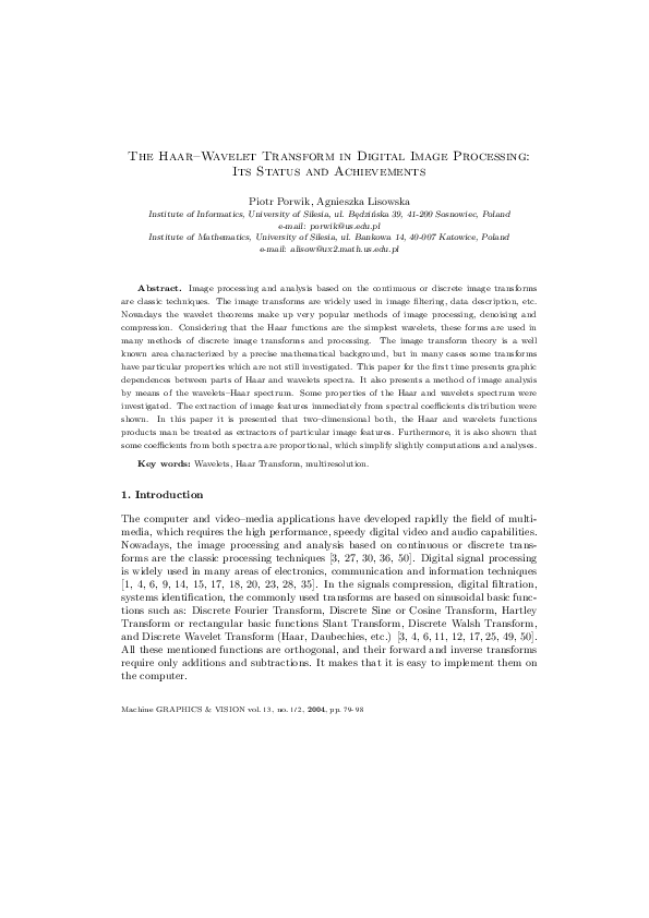 Pdf The Haar Wavelet Transform In Digital Image Processing Its Status And Achievements