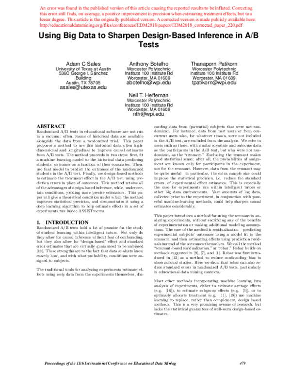 (PDF) Using Big Data to Sharpen Design-Based Inference in A/B Tests