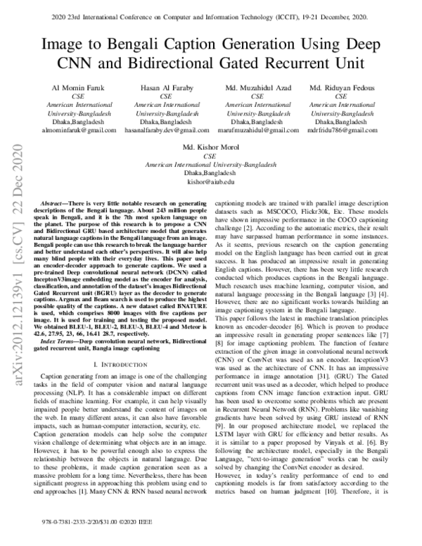 (PDF) Image to Bengali Caption Generation Using Deep CNN and ...