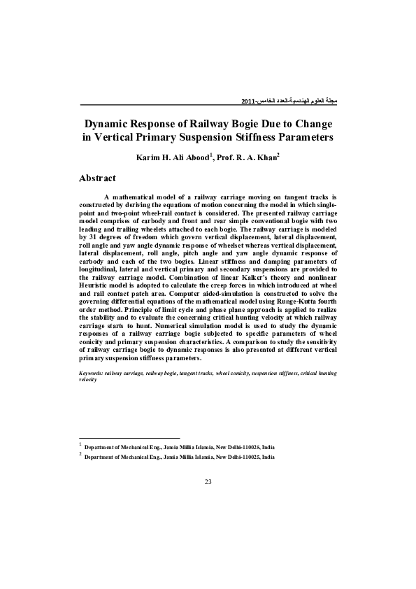 (PDF) Dynamic Response of Railway Bogie Due to Change in Vertical Primary Suspension Stiffness ...