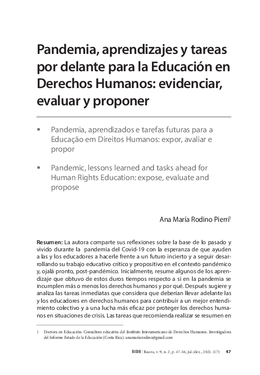 (PDF) Pandemia, aprendizajes y tareas por delante para la EDH | Ana ...