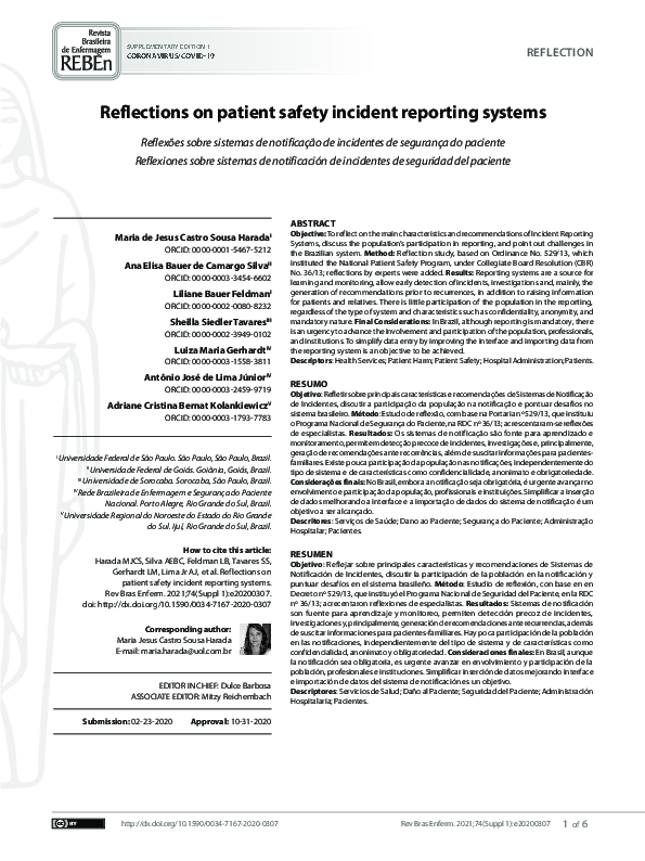 (PDF) Reflections on patient safety incident reporting systems